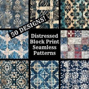 Distressed Block Print Seamless Patterns: 50 PNG Digital Papers ...