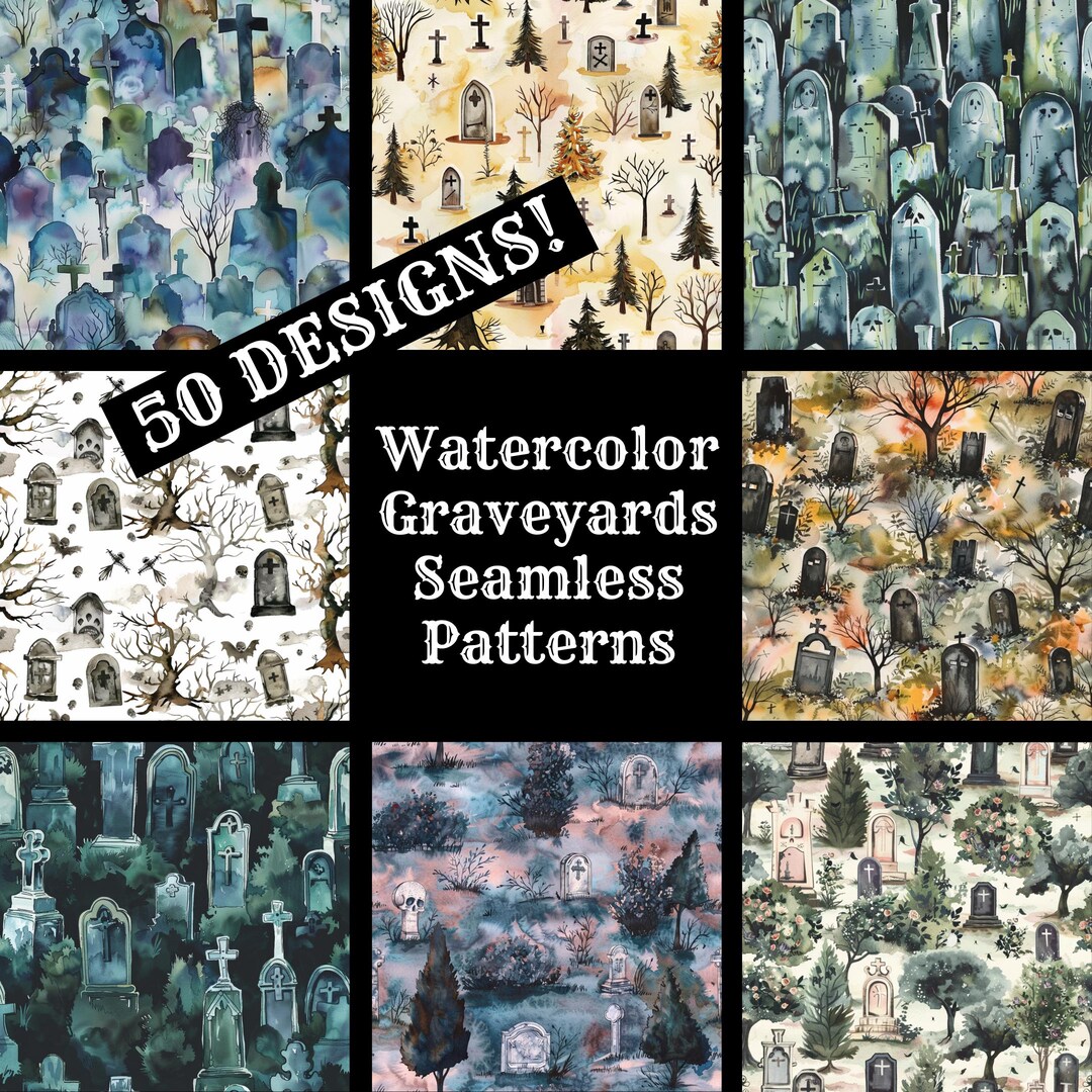 Watercolor Graveyards Seamless Pattern: Digital Scrapbook Paper ...