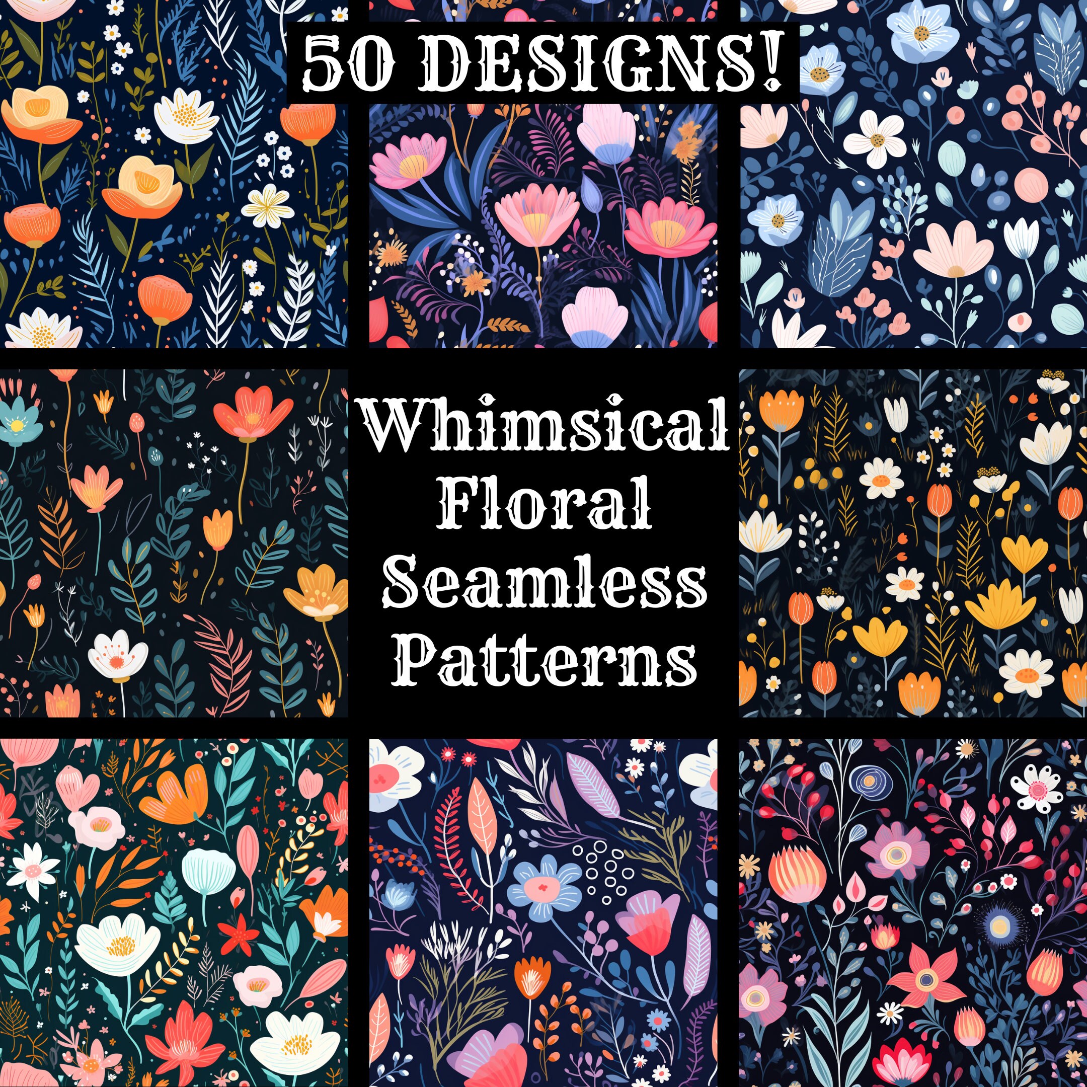 Whimsical Floral Seamless Patterns: 50 PNG Digital Papers (1024x1024 Px ...