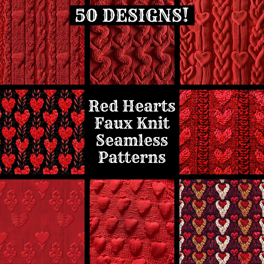 Red Hearts Faux Knit Seamless Patterns: 50 PNG Digital Papers (digital ...