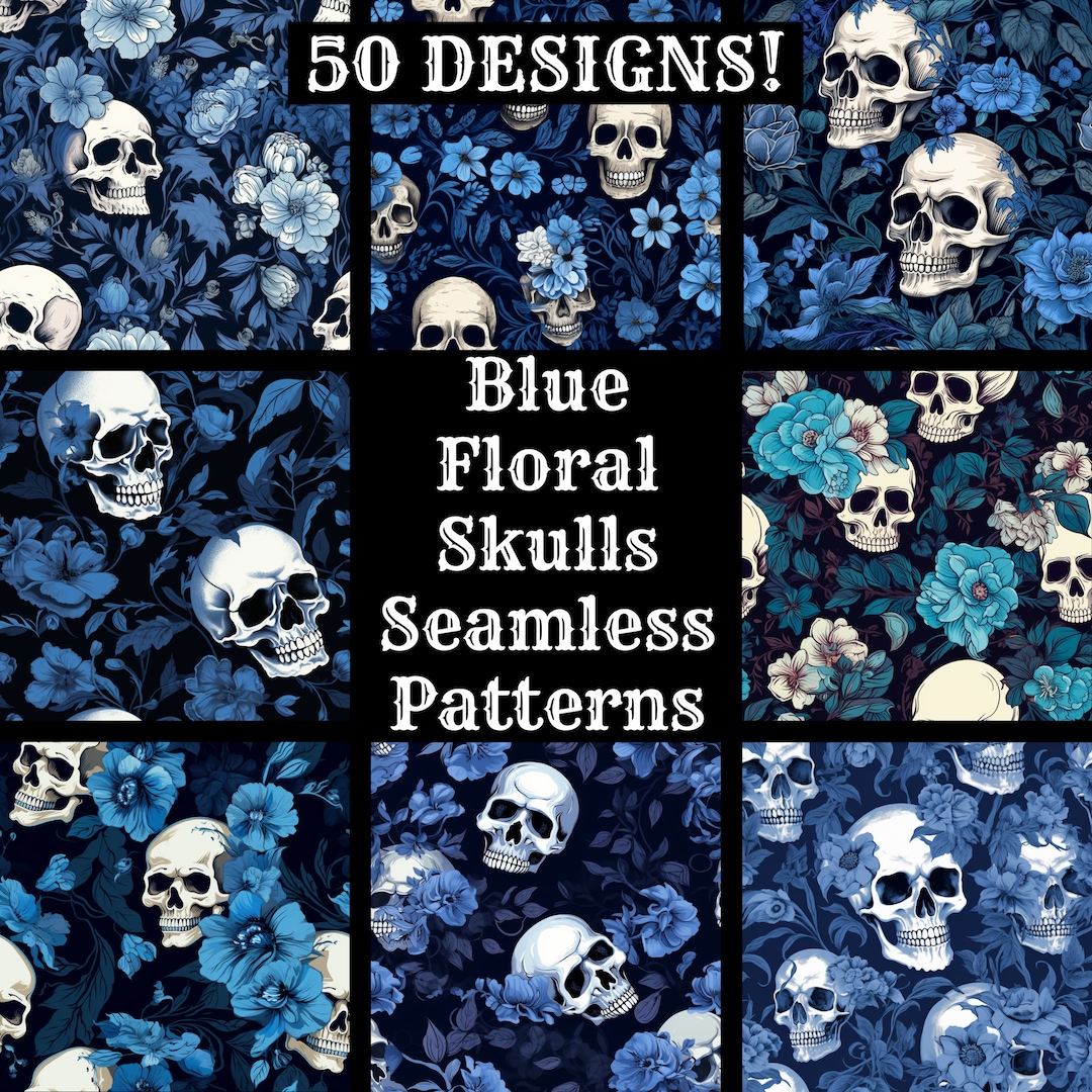 Blue Floral Skulls Seamless Pattern: 50 PNG Digital Papers (digital ...