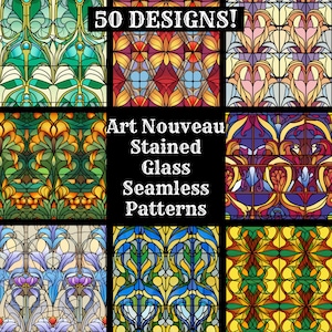 Art Nouveau Stained Glass Seamless Patterns: 50 PNG Digital Papers ...