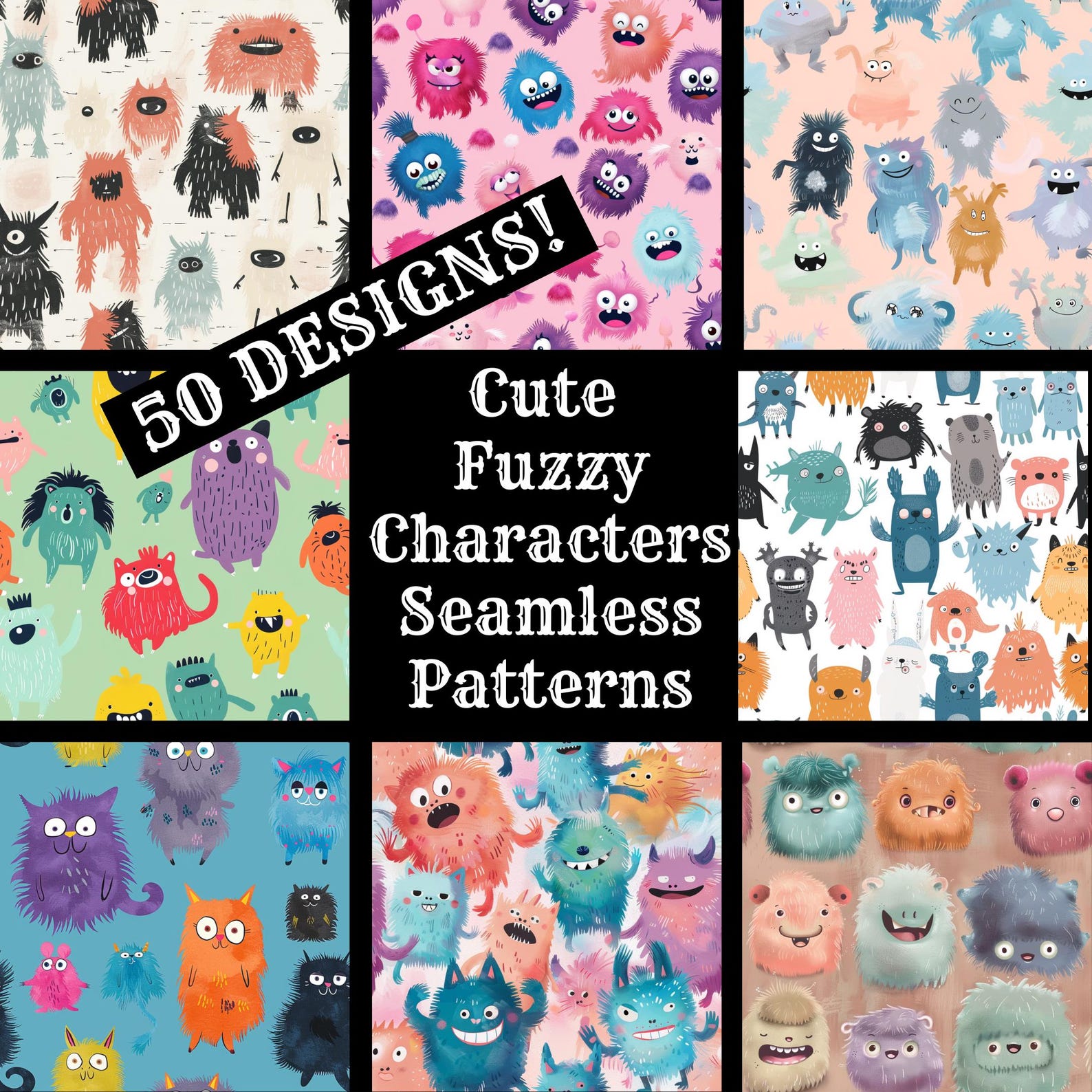 Cute Fuzzy Characters Seamless Pattern, Scrapbook Paper (digital ...