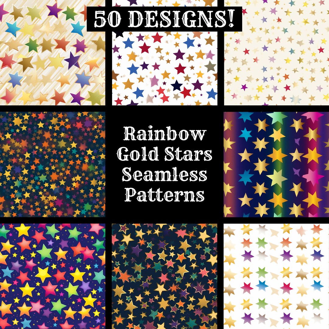 Rainbow Gold Stars Seamless Digital Paper, Rainbow Gold Stars Printable ...