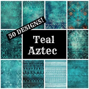 Teal Aztec Digital Paper: 50 PNG Designs for Junk Journals (digital ...