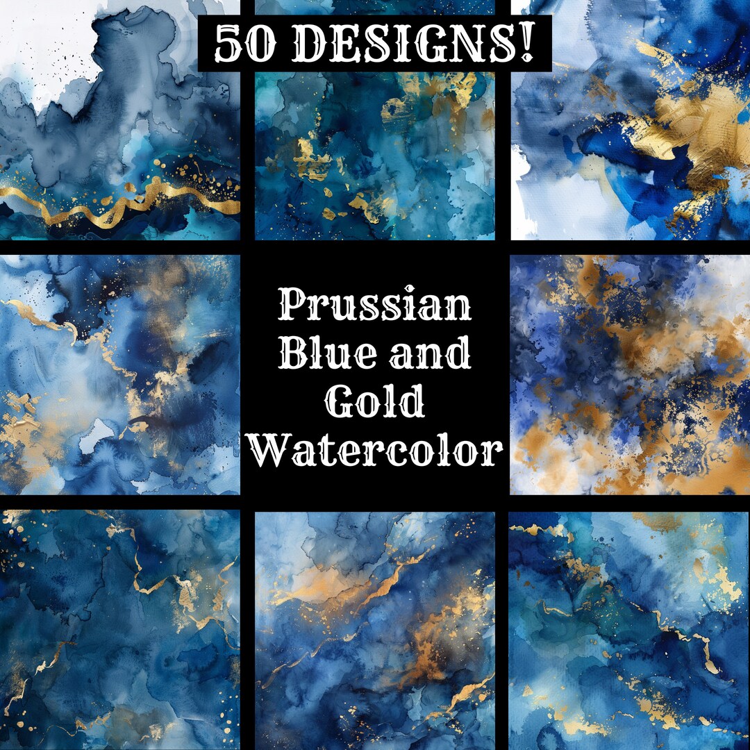 Prussian Blue & Gold Watercolor Digital Paper: Scrapbook Journal ...