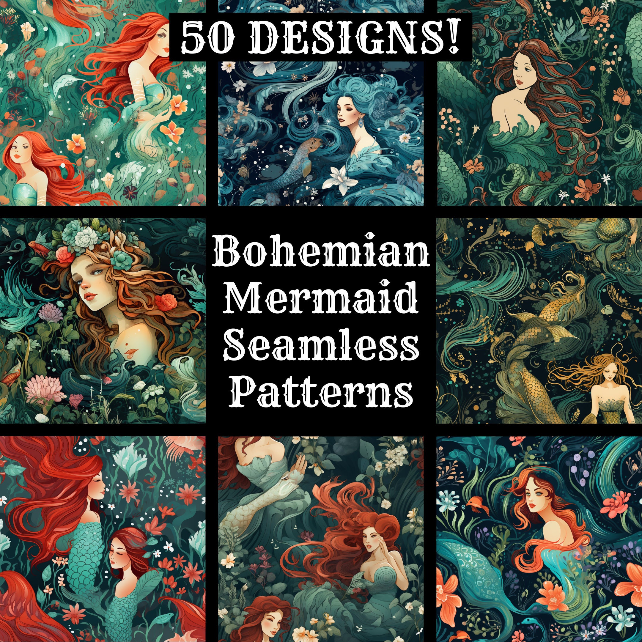 Bohemian Mermaid Seamless Digital Paper, Printable Scrapbook Paper ...