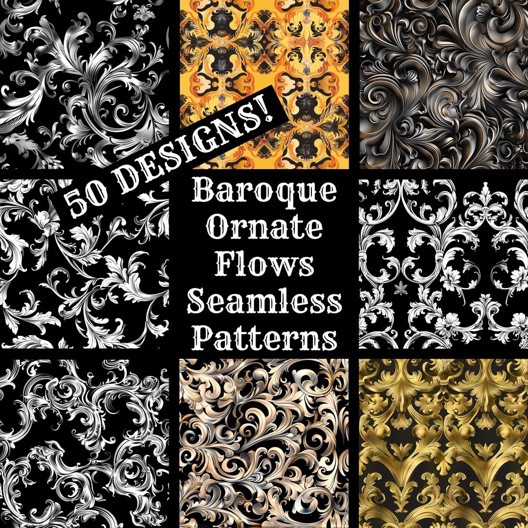 Baroque Ornate Seamless Patterns: 50 PNG Digital Papers (digital ...