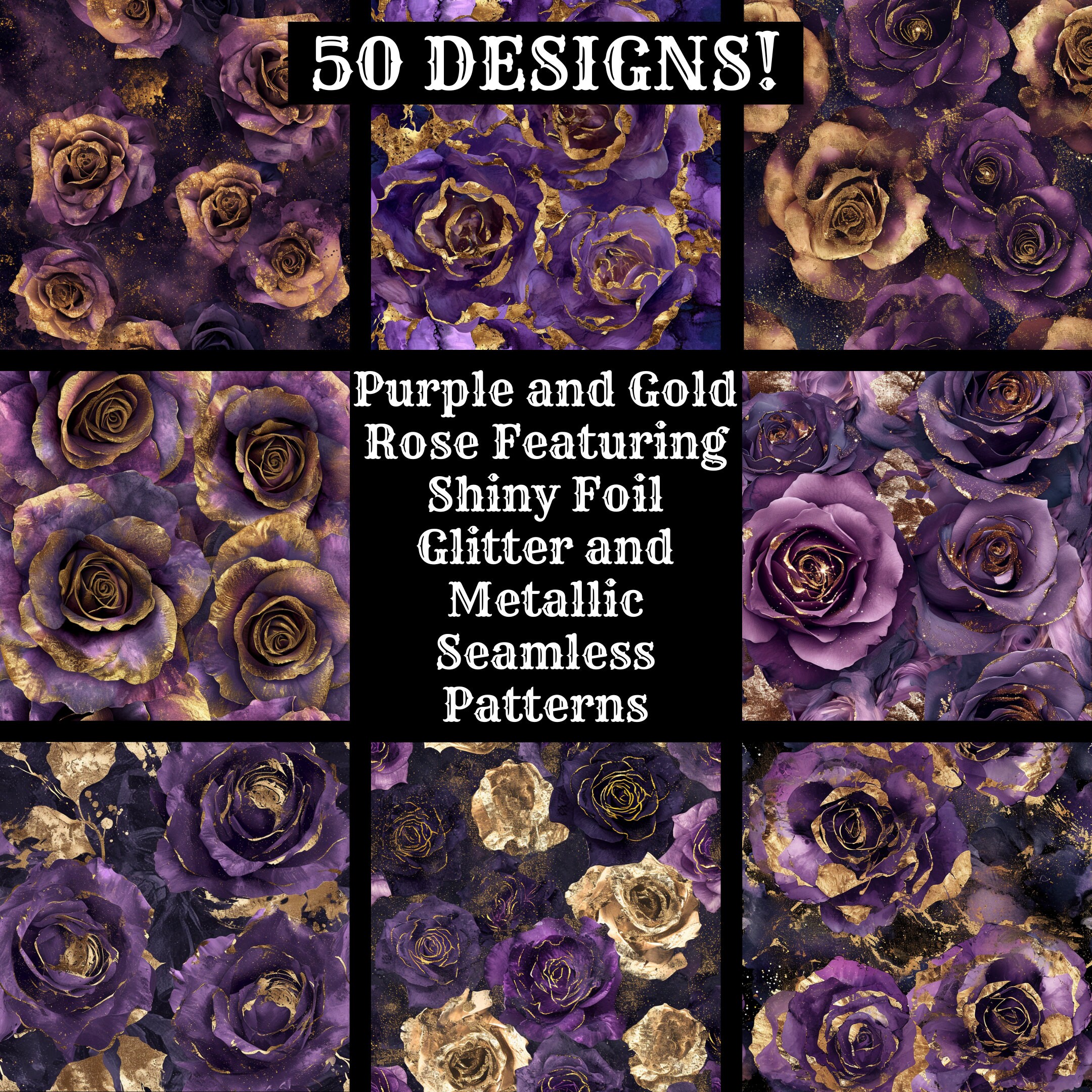 Purple and Gold Rose With Shiny Foil Glitter Seamless Digital Paper ...
