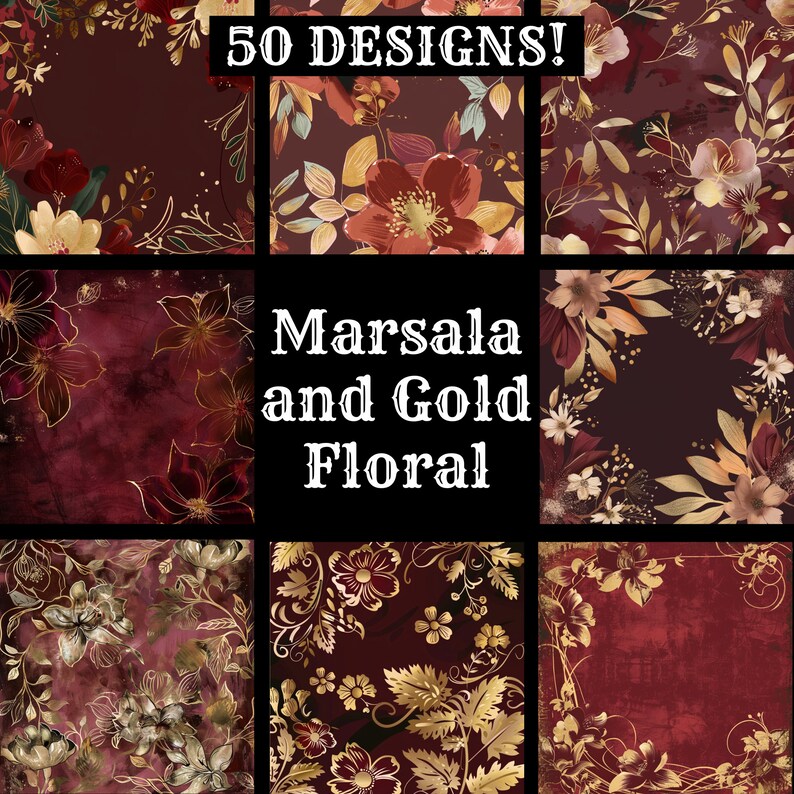 Marsala Gold Floral Digital Paper: High-resolution Scrapbook (digital ...