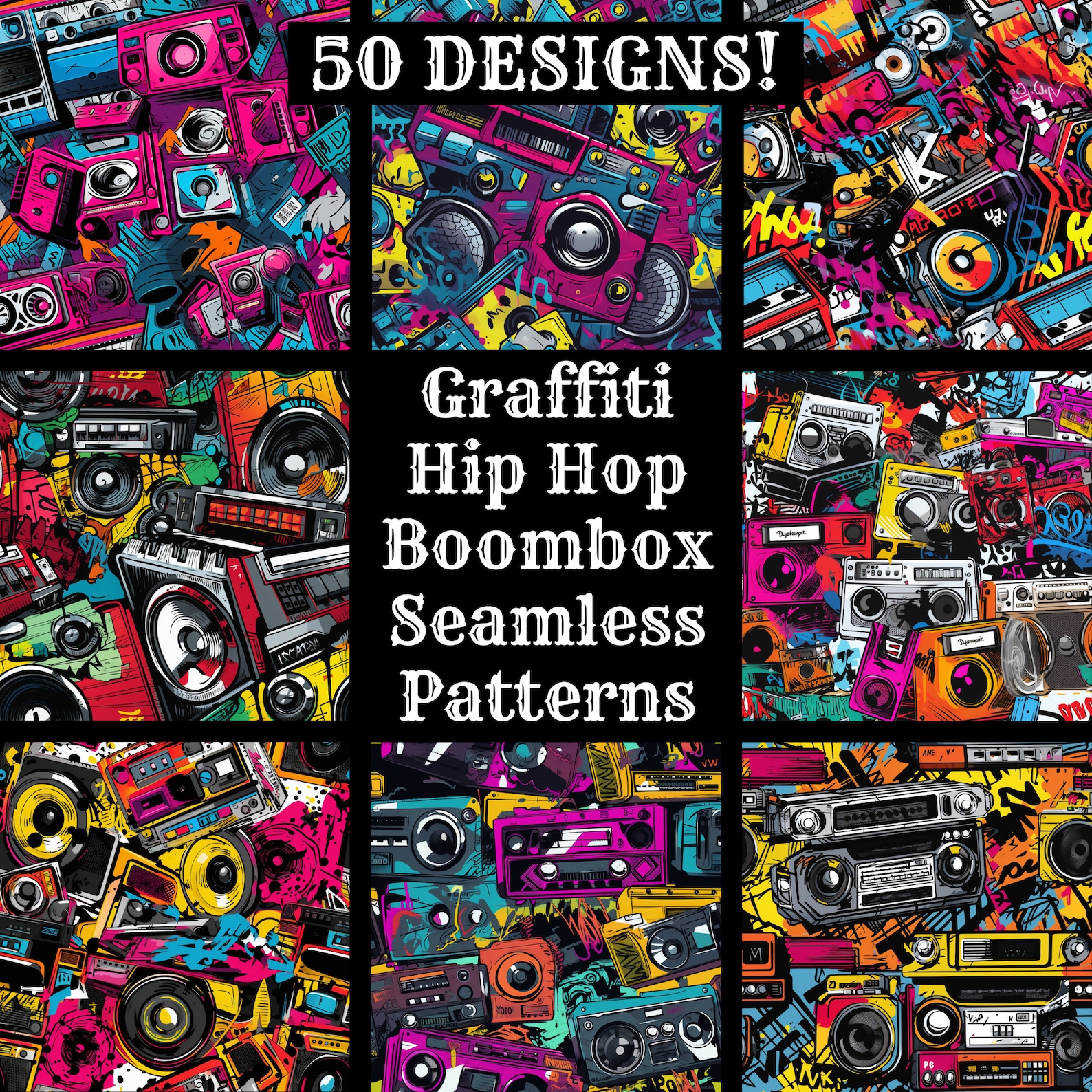 Graffiti Hip Hop Boombox Seamless Digital Paper, Printable Scrapbook ...