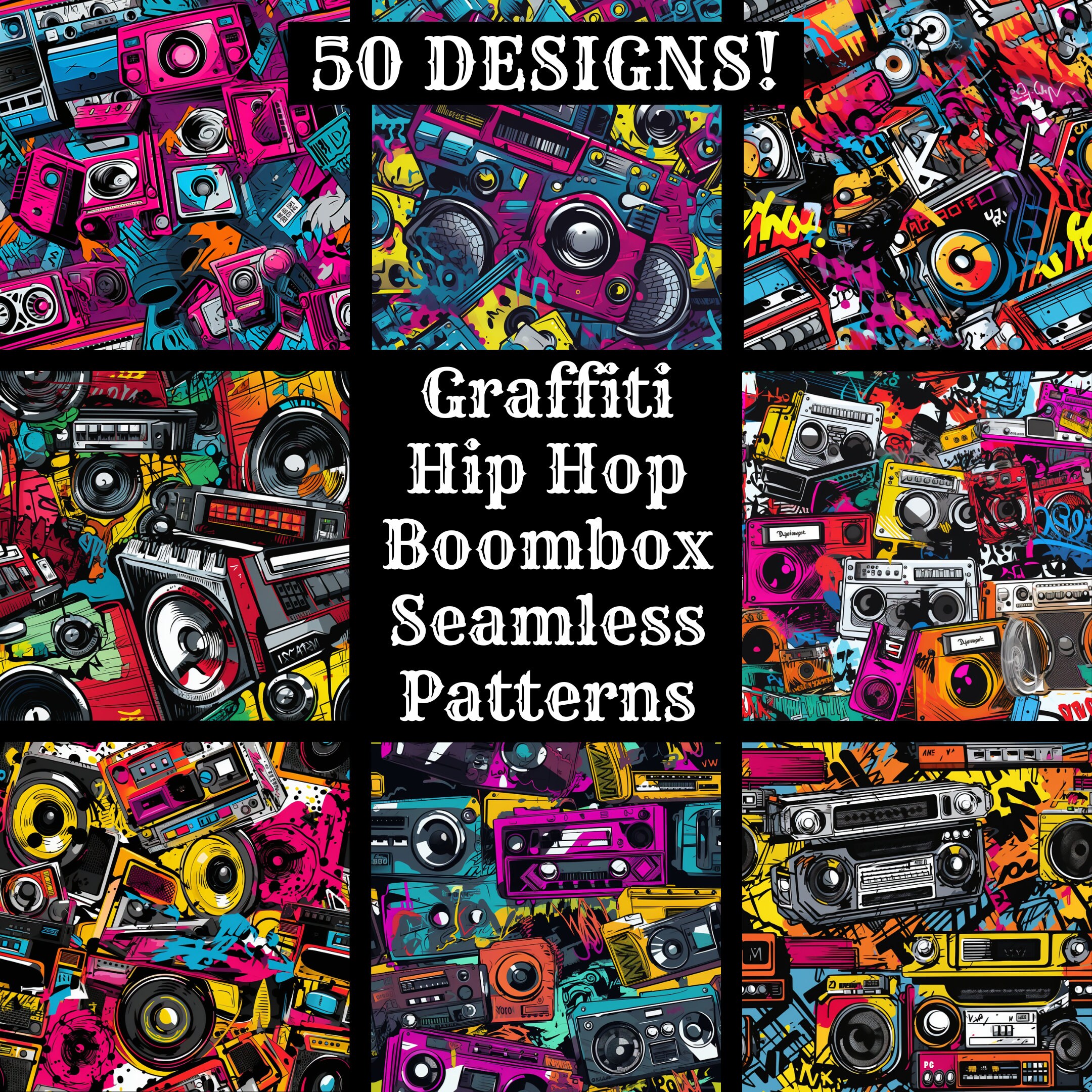 Graffiti Hip Hop Boombox Seamless Digital Paper, Printable Scrapbook ...