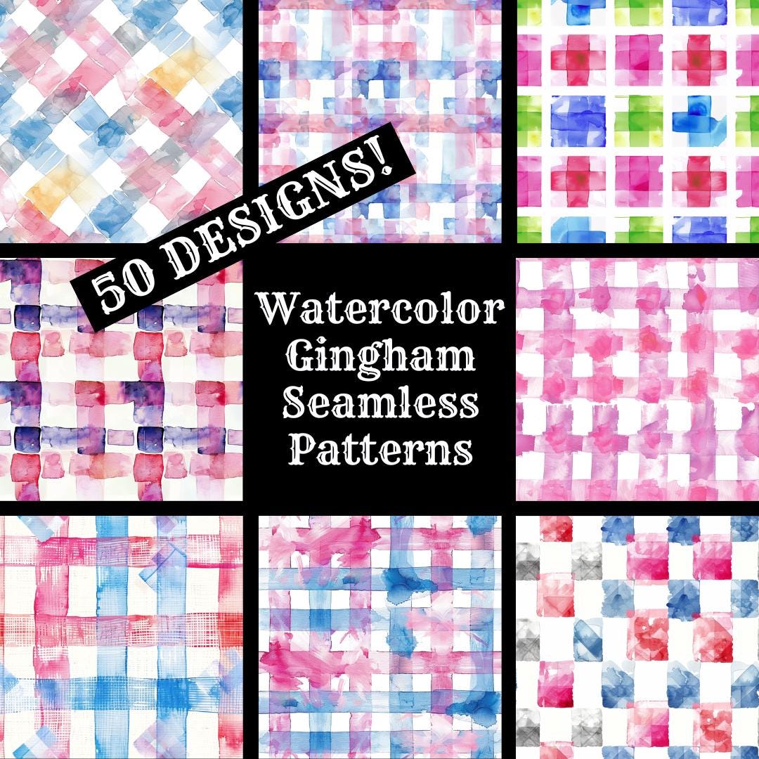 Watercolor Gingham Seamless Patterns: 50 PNG Digital Papers (digital ...