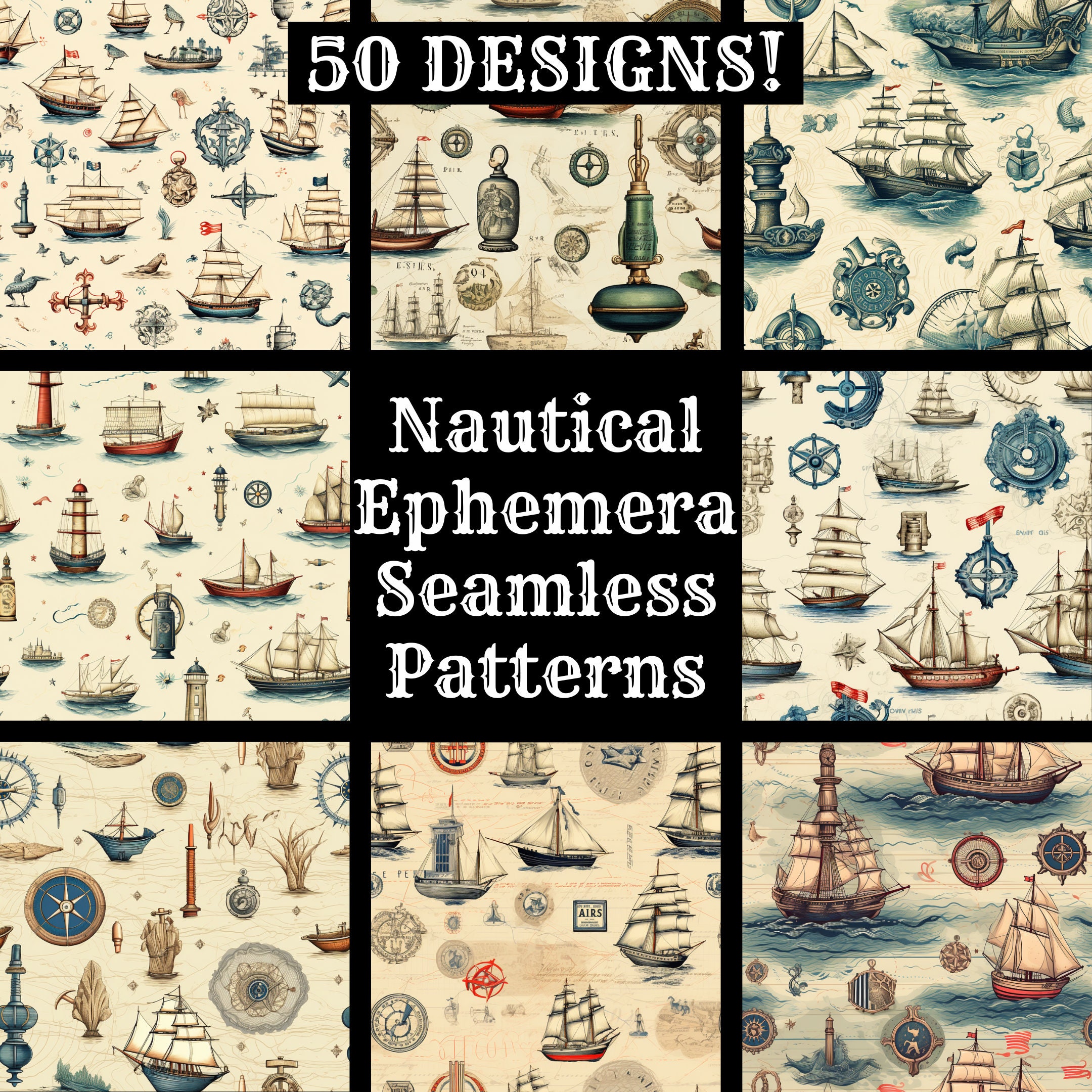 Nautical Ephemera Seamless Digital Paper, Printable Scrapbook Paper ...