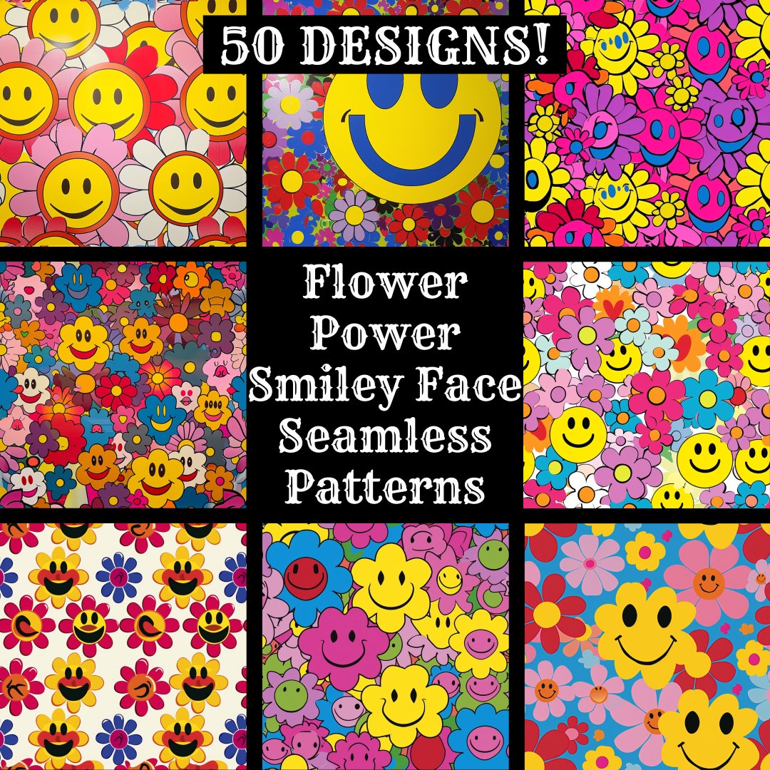 Flower Power Smiley Face Seamless Digital Paper, Flower Smiley Face ...