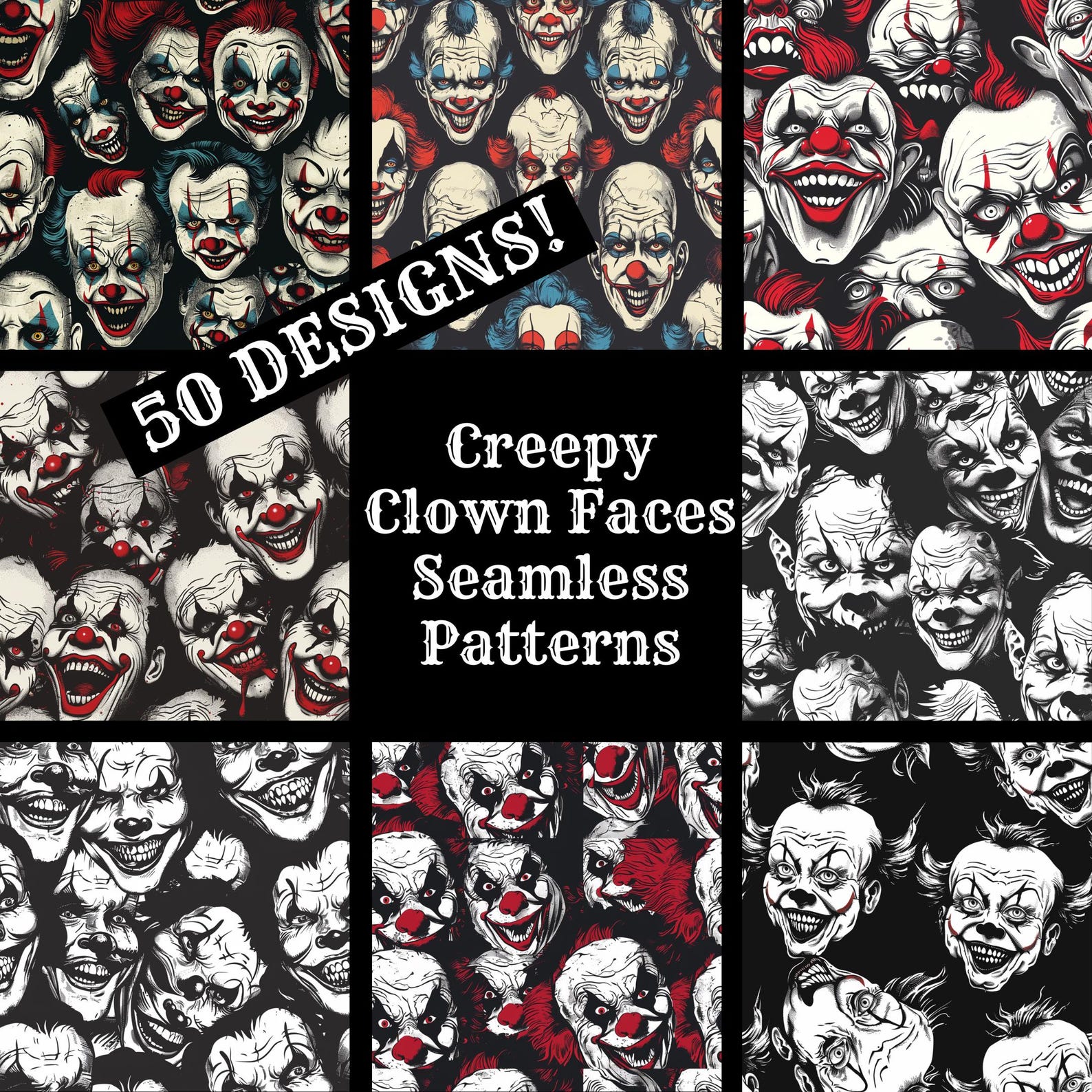 Creepy Clown Faces Seamless Pattern: 50 PNG Digital Papers (digital ...