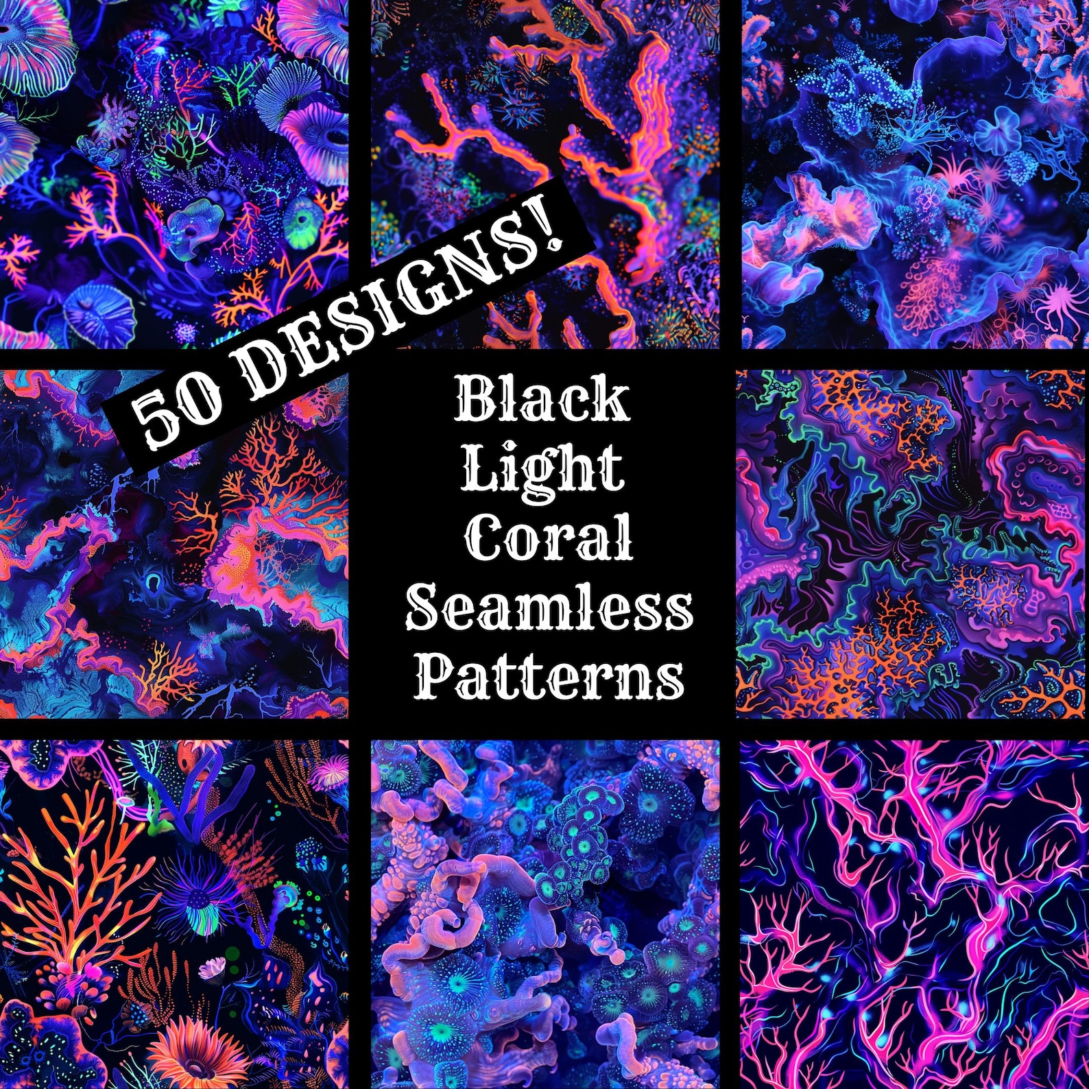Black Light Coral Seamless Pattern: 50 PNG Digital Papers (digital ...