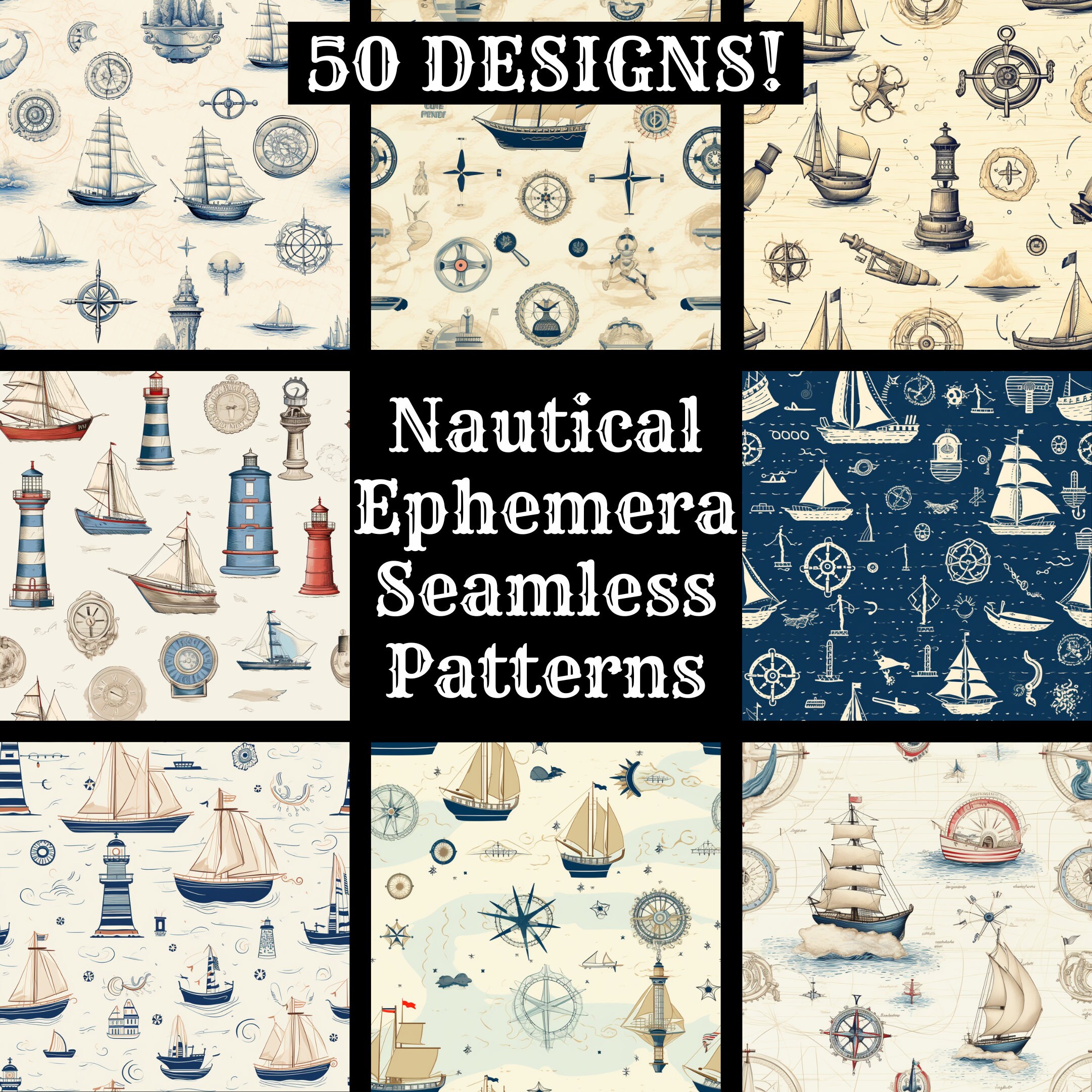 Nautical Ephemera Seamless Digital Paper, Printable Scrapbook Paper ...
