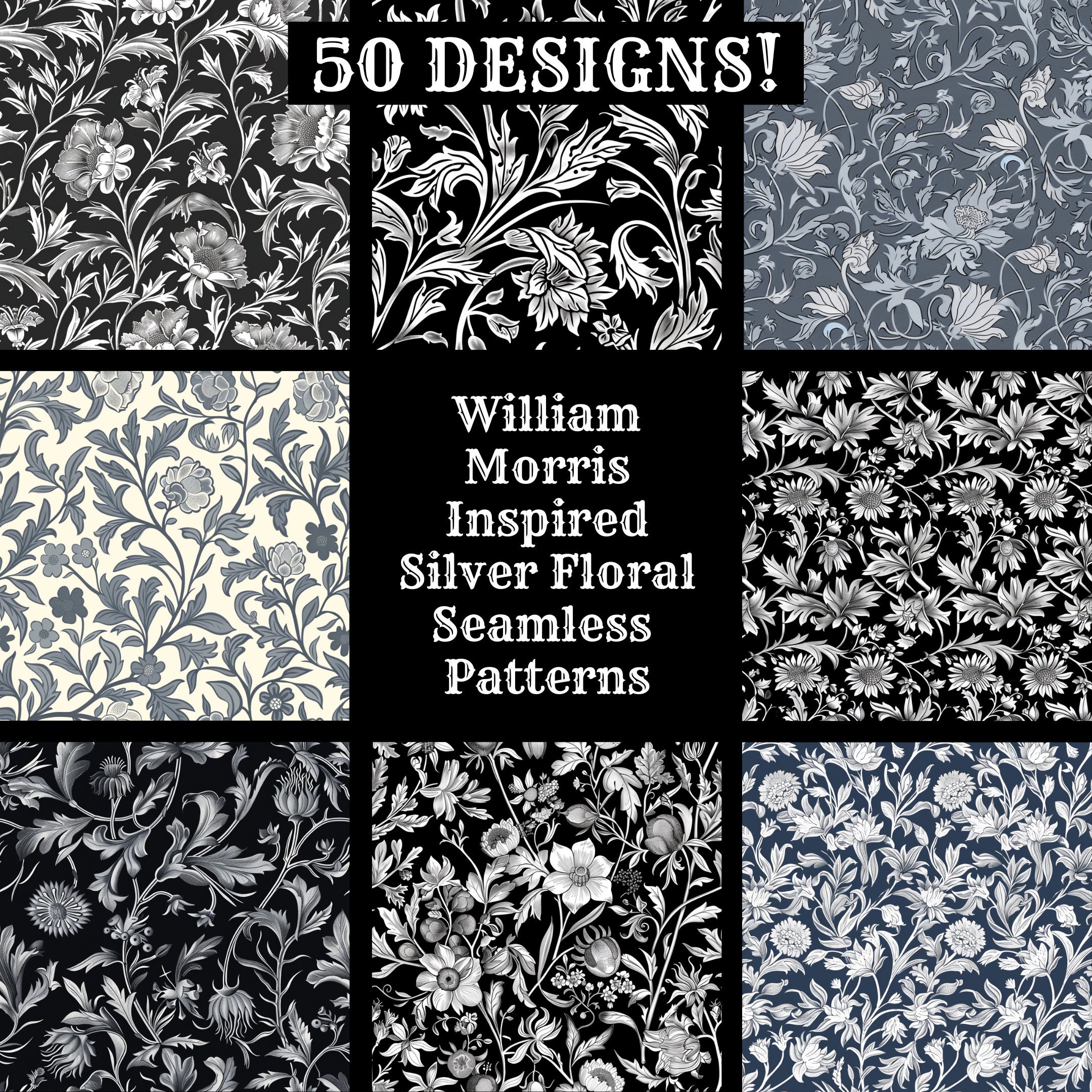 William Morris Inspired Floral Patterns: Silver Seamless Textures ...