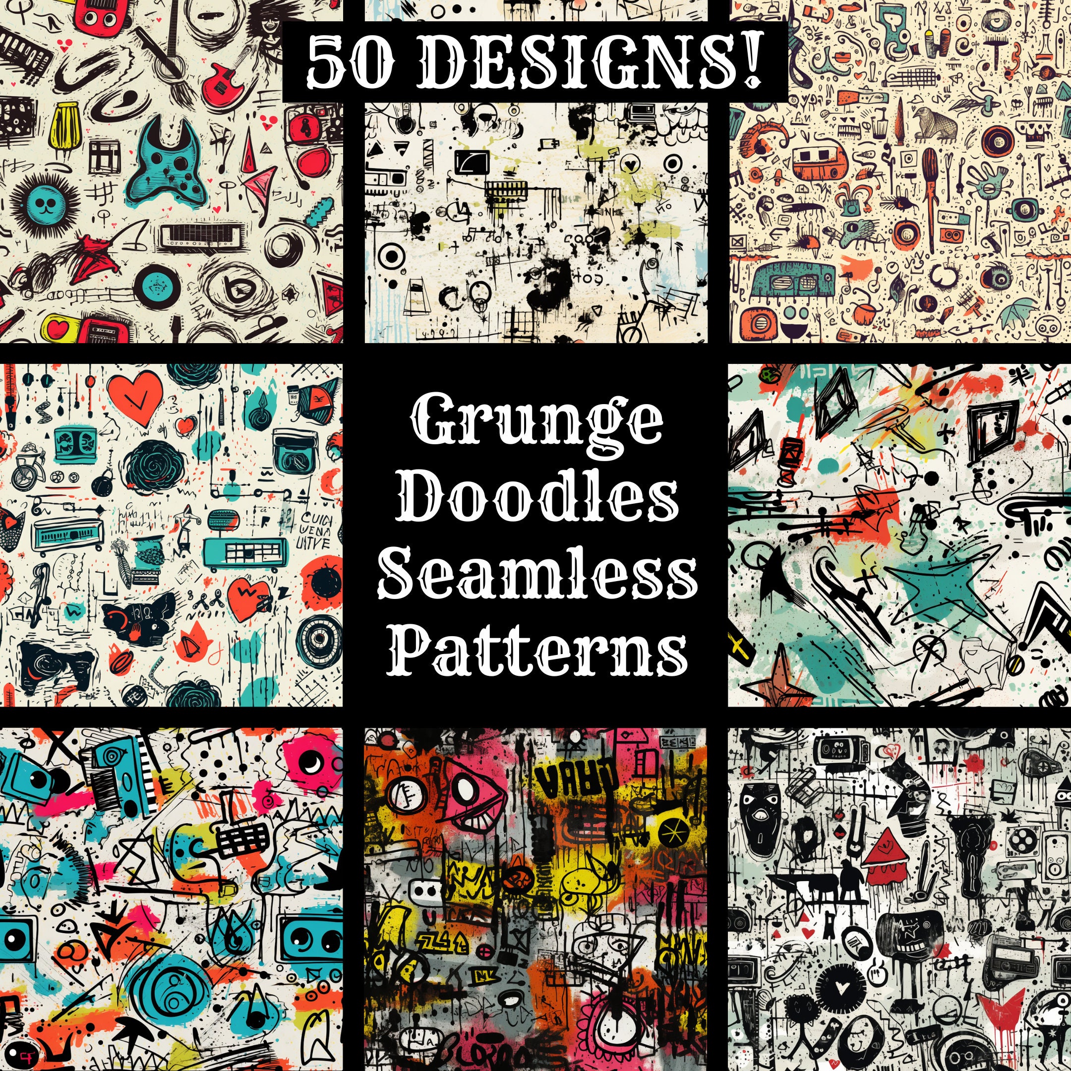 Grunge Doodles Seamless Pattern: 50 Digital Papers (PNG, 300 Dpi) - Etsy