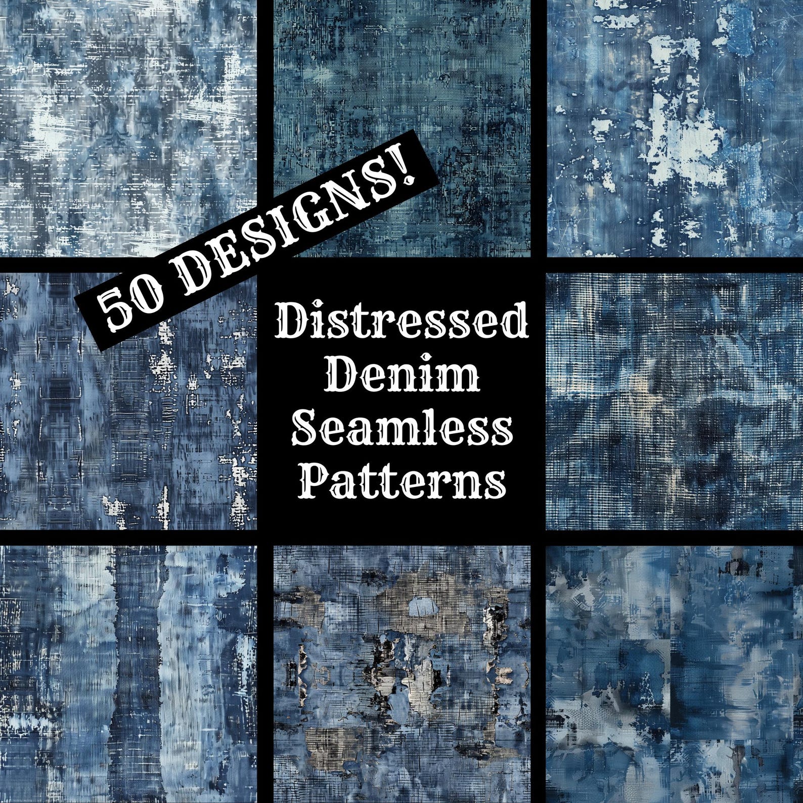 Distressed Denim Seamless Patterns: 50 PNG Digital Papers (digital ...
