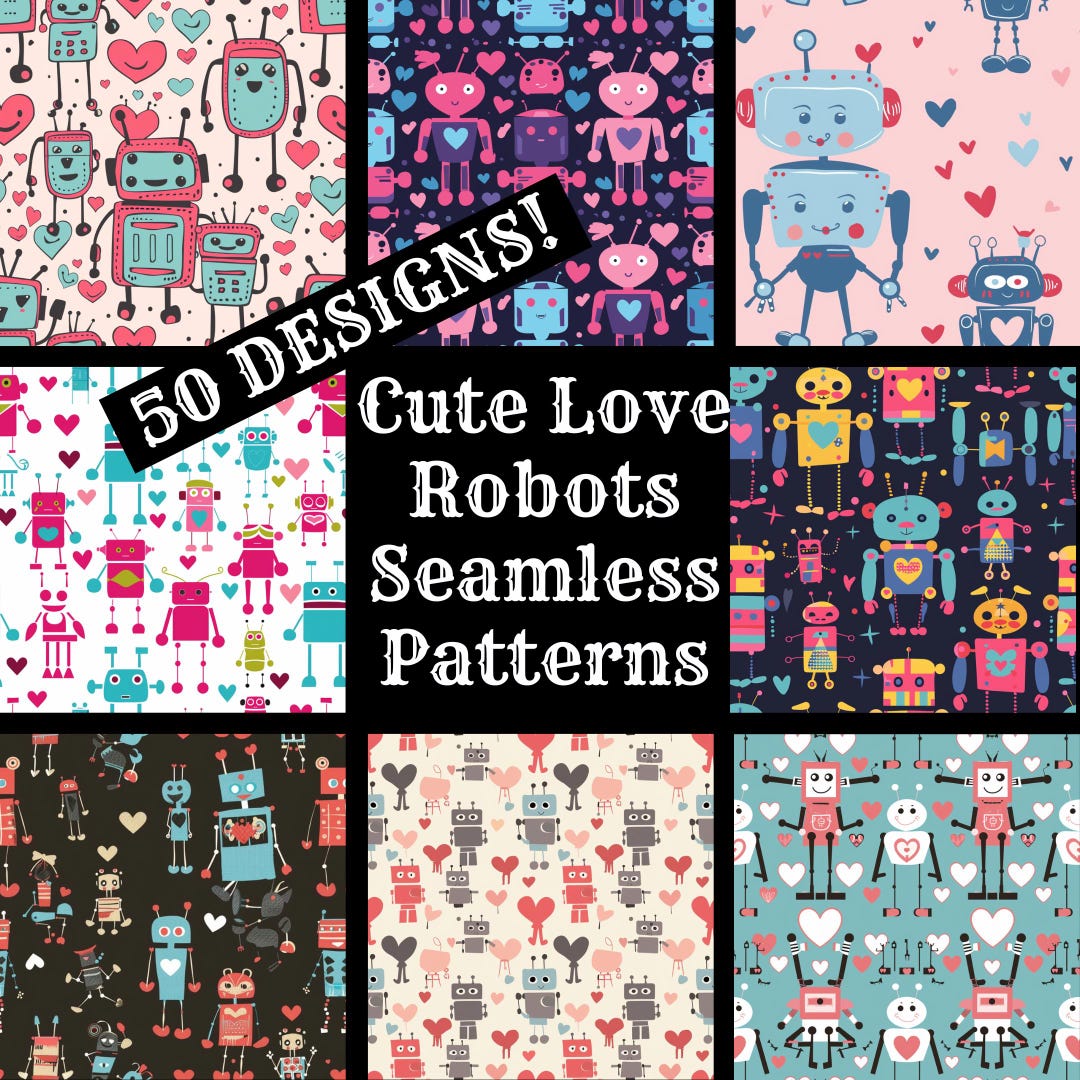 Cute Love Robots Seamless Digital Paper, Cute Love Robots Printable ...