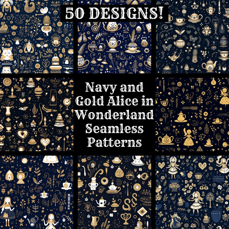Navy and Gold Alice in Wonderland Seamless Digital Paper Printable ...