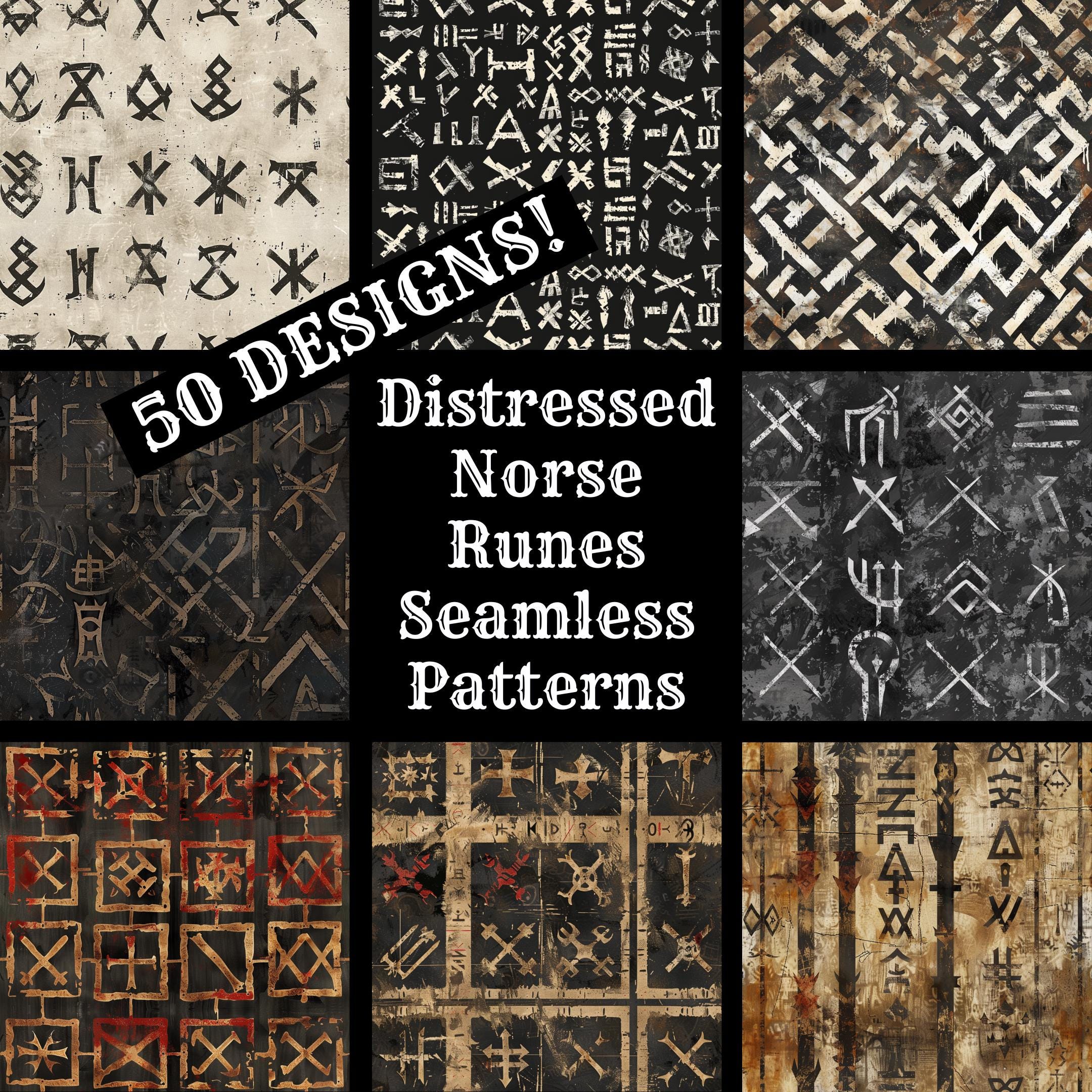 Distressed Norse Runes Seamless Pattern: 50 PNG Digital Papers (digital ...