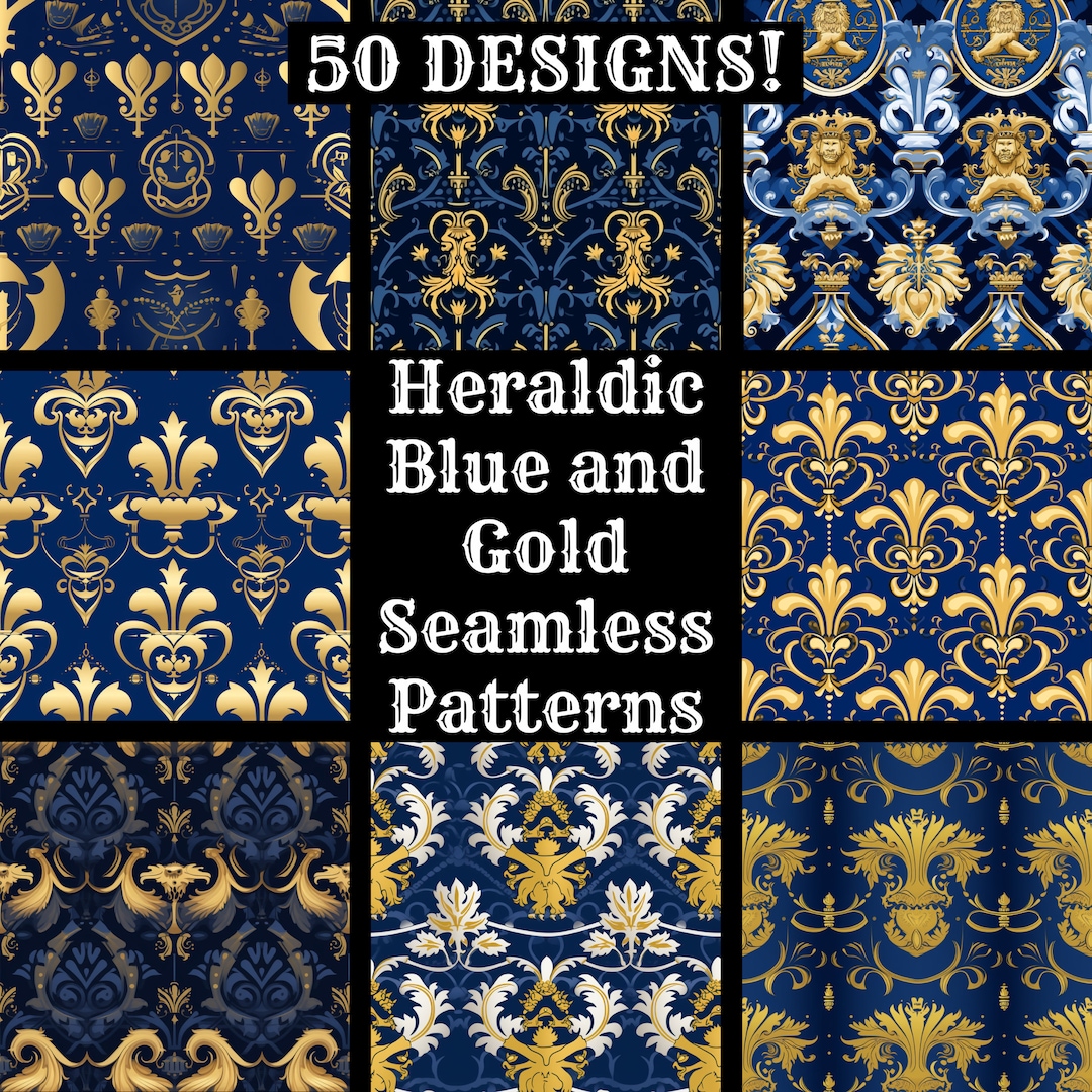 Heraldic Blue & Gold Seamless Patterns: 50 PNG Digital Papers (digital ...