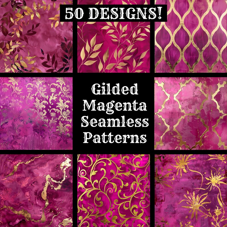 Gilded Magenta Seamless Paper Textures: 50 PNG Designs (digital ...