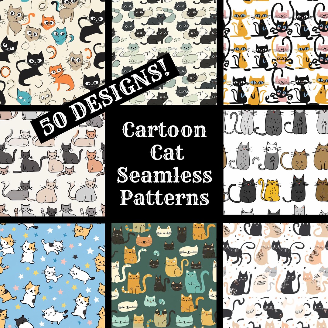 Cartoon Cat Seamless Digital Paper, Cartoon Cats Printable Scrapbook ...