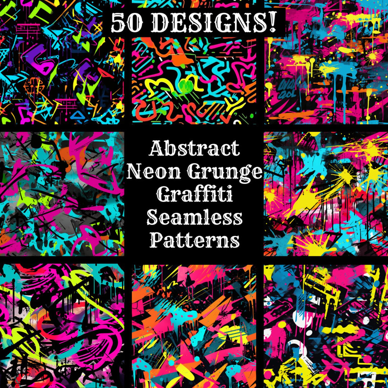 Abstract Neon Grunge Graffiti Seamless Digital Paper, Printable ...