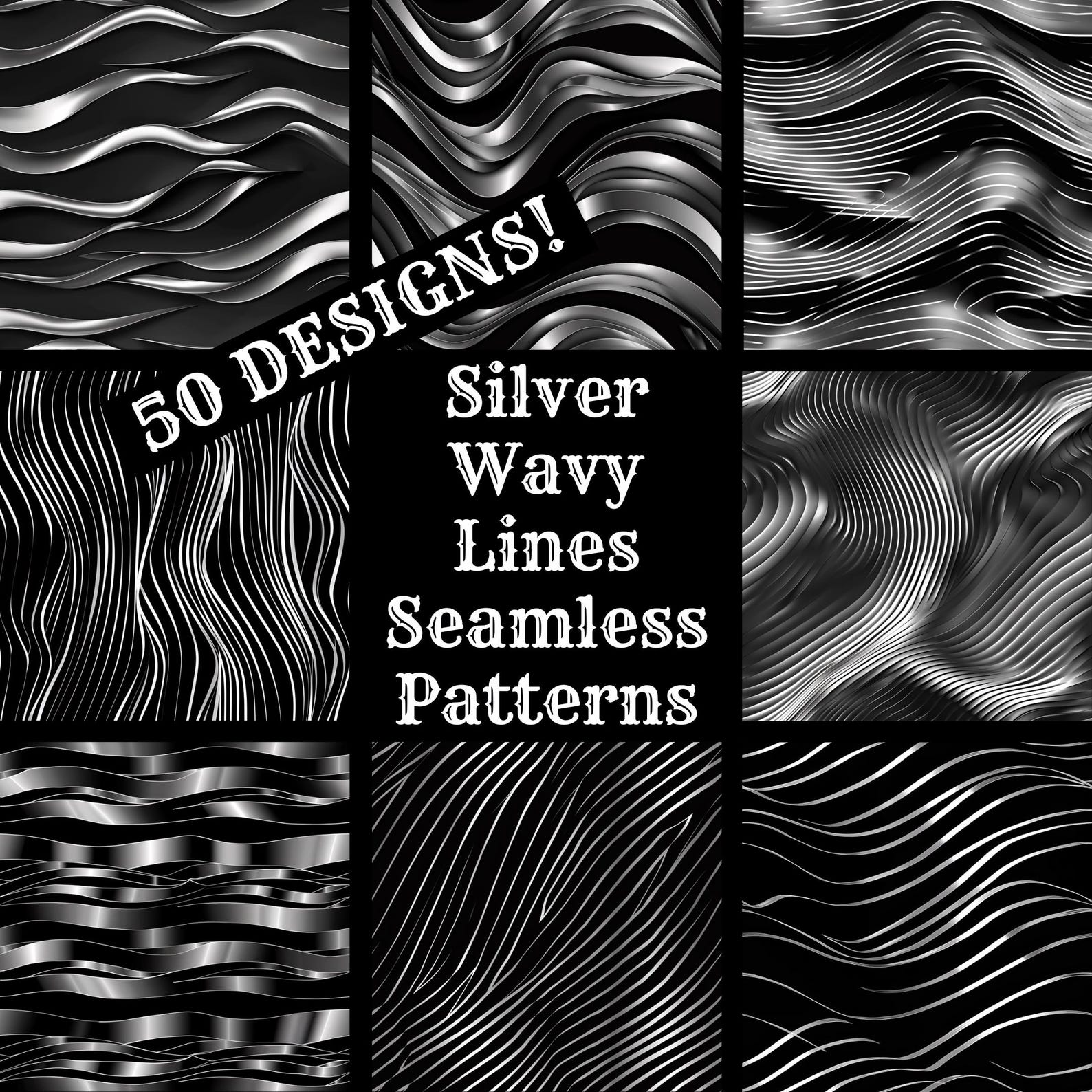 Silver Wavy Lines Seamless Patterns: 50 Digital Papers (digital ...