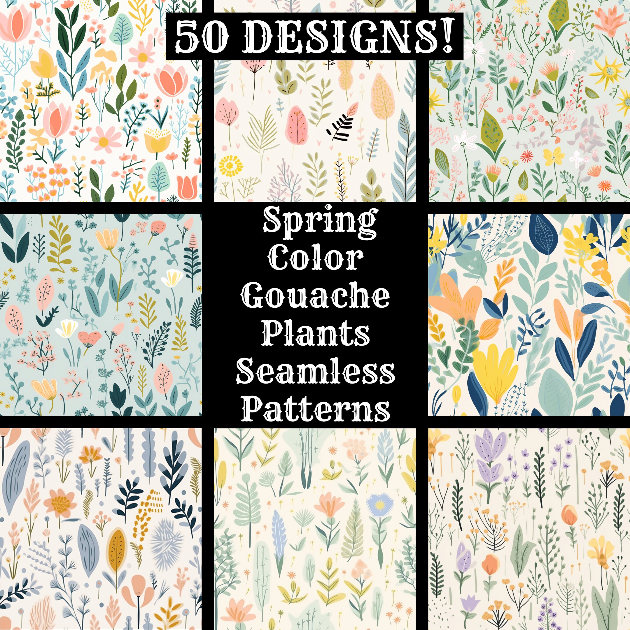 Gouache Plants Seamless Digital Paper, Printable Scrapbook Paper ...