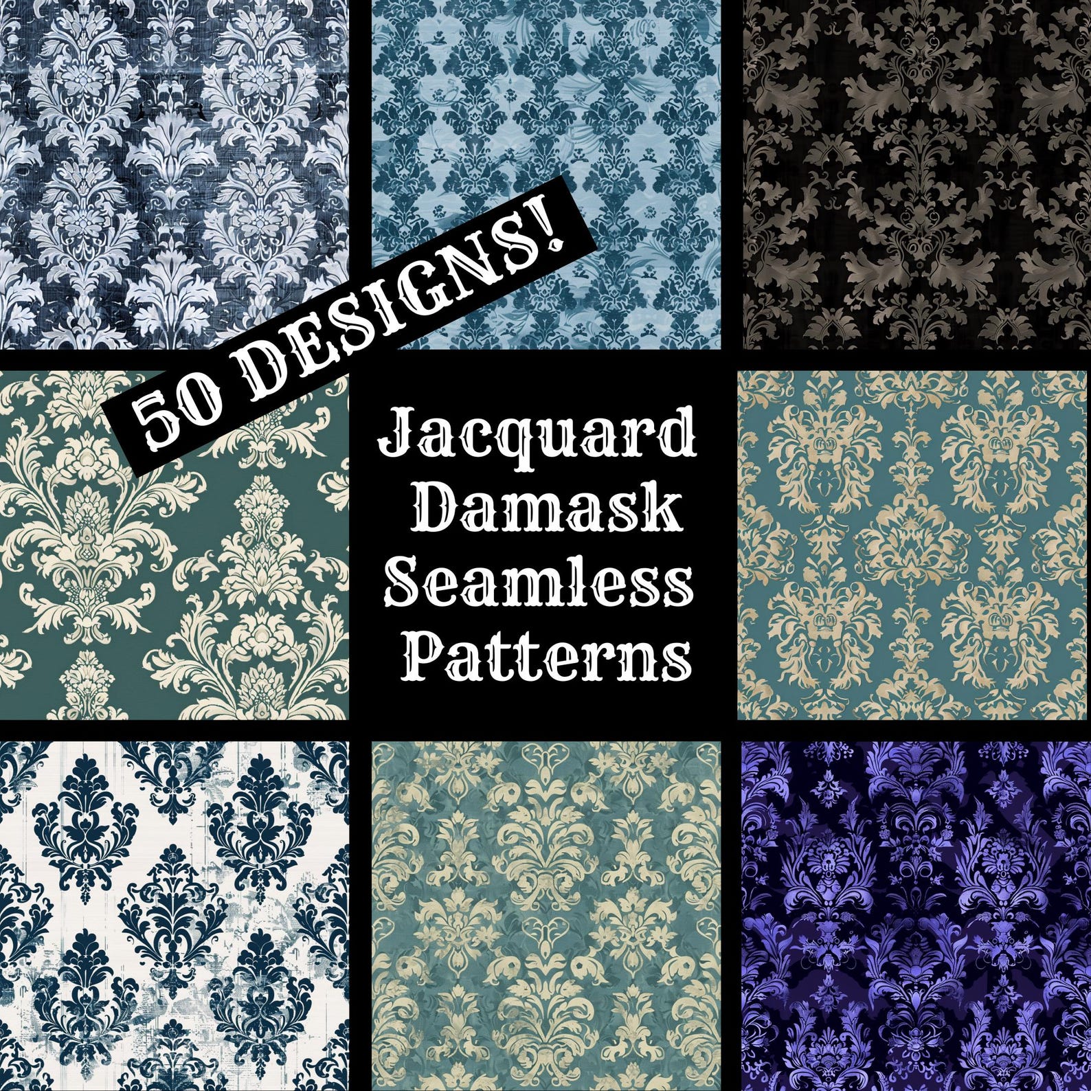 Jacquard Damask Seamless Patterns: 50 PNG Digital Papers (digital ...