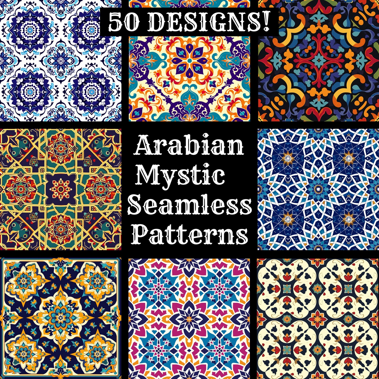 Arabian Mystic Seamless Patterns: 50 PNG Digital Papers (digital ...