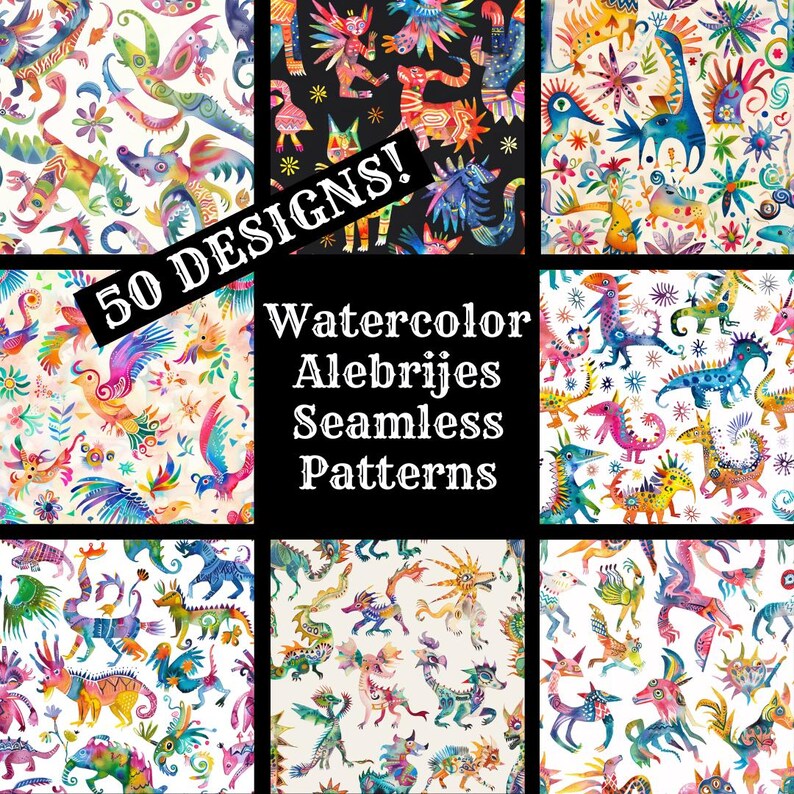Watercolor Alebrijes Seamless Patterns: Scrapbook Paper (digital ...