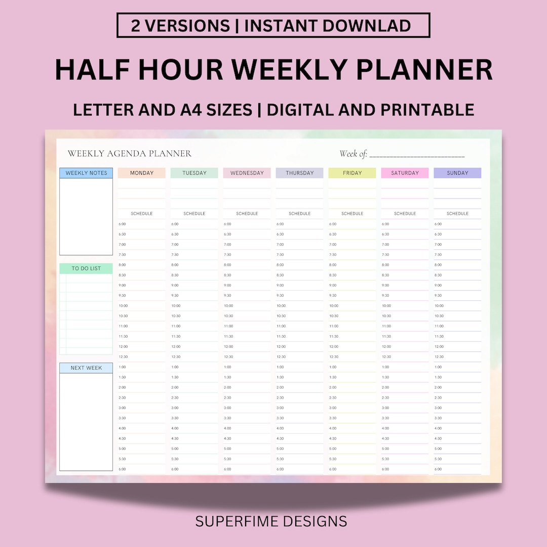 Editable Half Hour Weekly Planner 2025, Undated Daily Schedule, ADHD ...