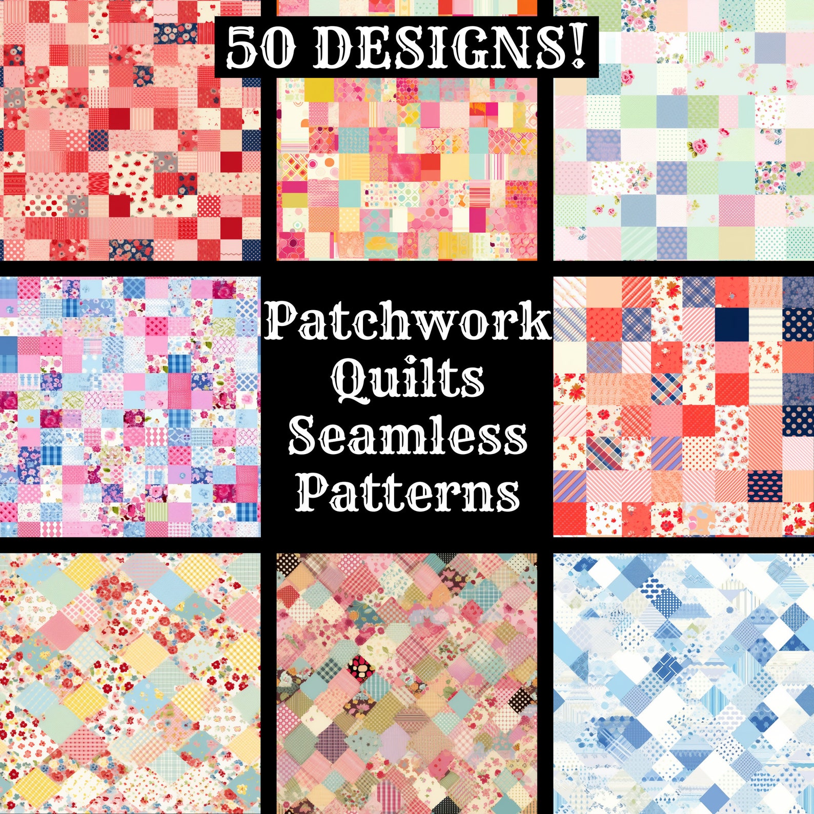 Patchwork Quilt Seamless Digital Paper: 50 PNG Textures (digital ...