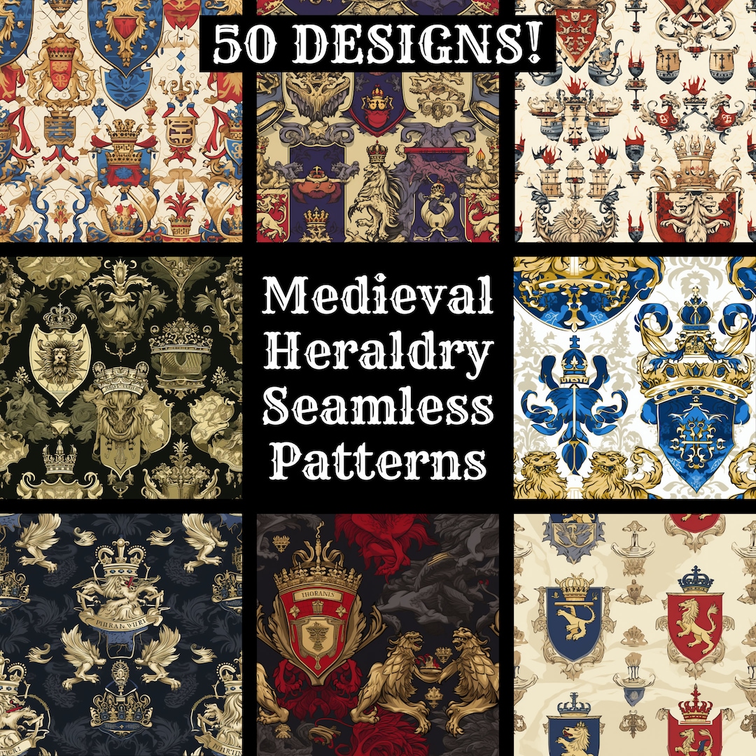 Medieval Heraldry Seamless Patterns: 50 PNG Digital Papers (1024x1024 ...
