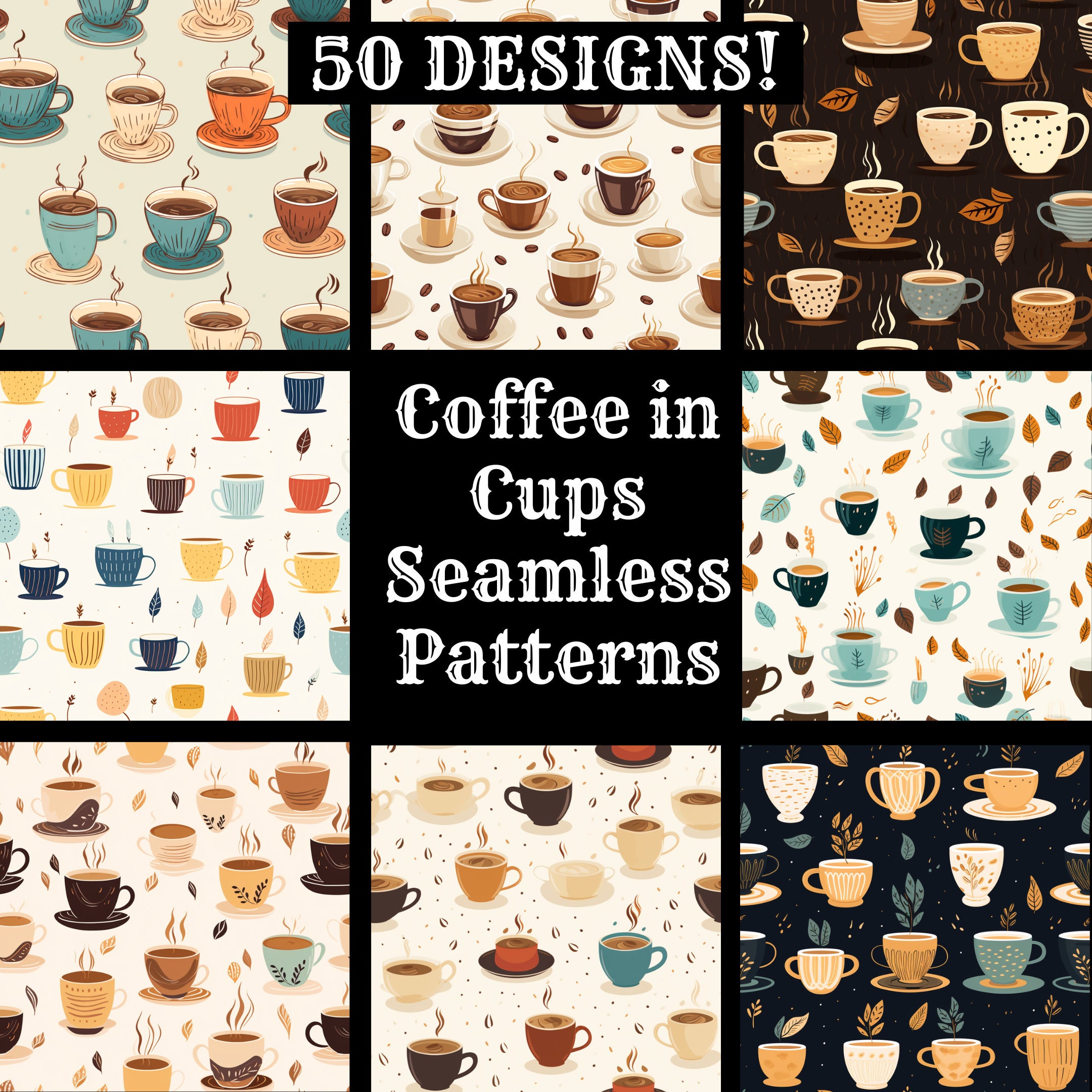 Coffee in Cups Seamless Digital Paper, Printable Scrapbook Paper ...