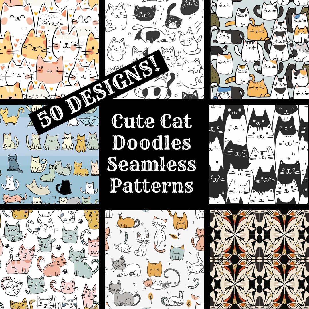 Cute Cat Doodles Seamless Digital Paper, Printable Scrapbook Paper ...