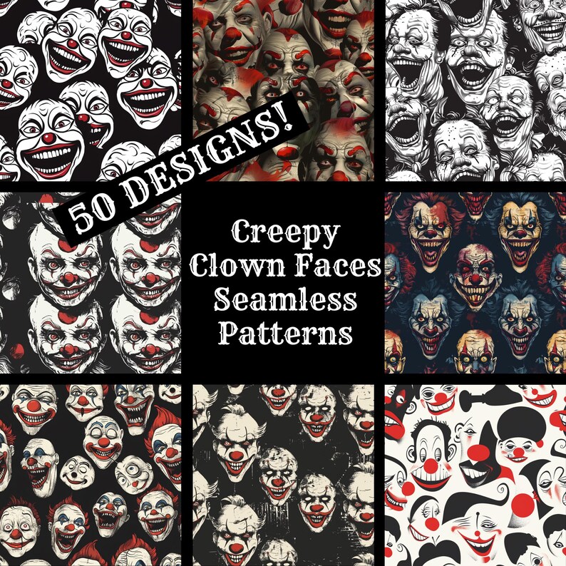 Creepy Clown Faces Seamless Pattern: 50 PNG Digital Papers (digital ...