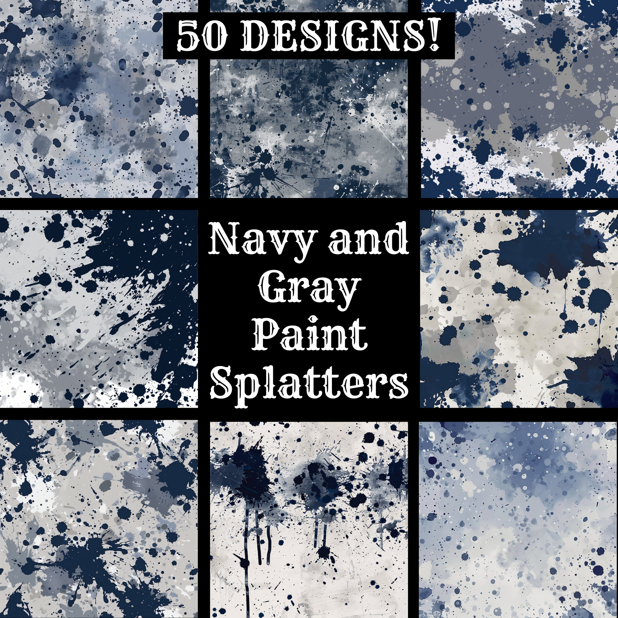 Navy & Gray Paint Splatter Digital Paper: 50 PNG Designs (digital ...