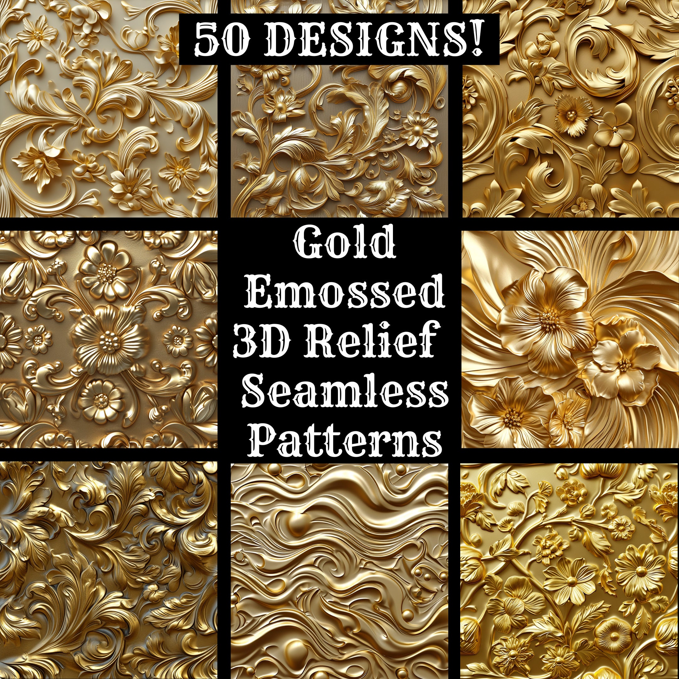 Gold Embossed 3D Relief Seamless Patterns: Digital Paper (PNG) - Etsy