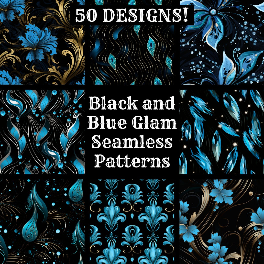 Black & Blue Glam Seamless Patterns: 50 PNG Digital Papers (digital ...