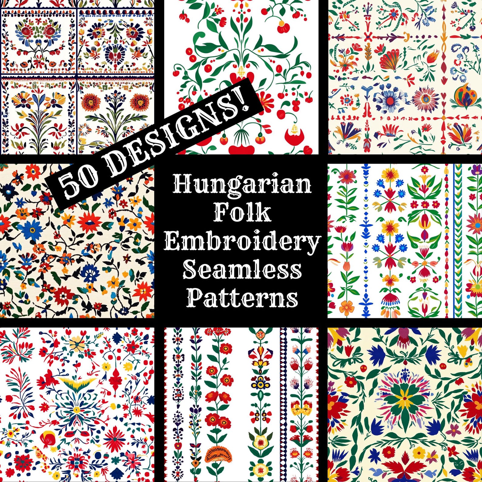 Hungarian Folk Embroidery Seamless Patterns: 50 PNG Digital Papers ...