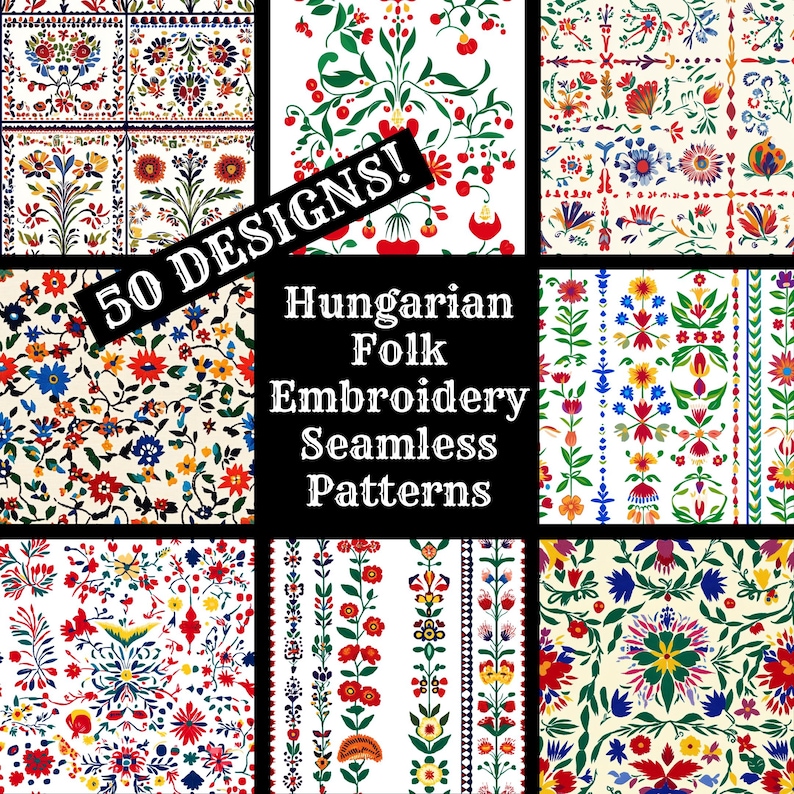 Hungarian Folk Embroidery Seamless Patterns: 50 PNG Digital Papers ...