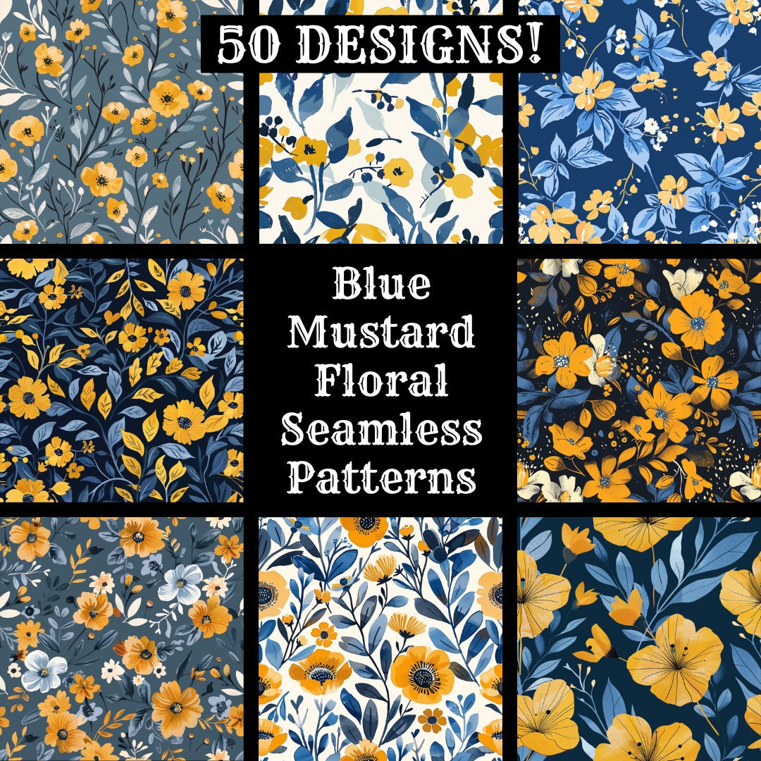 Blue Mustard Floral Seamless Digital Paper, Blue Mustard Floral ...
