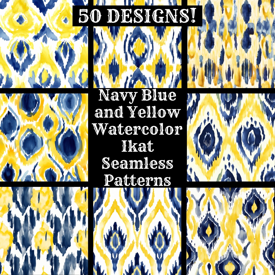 Navy Blue and Yellow Watercolor Ikat Seamless Digital Paper, Printable ...